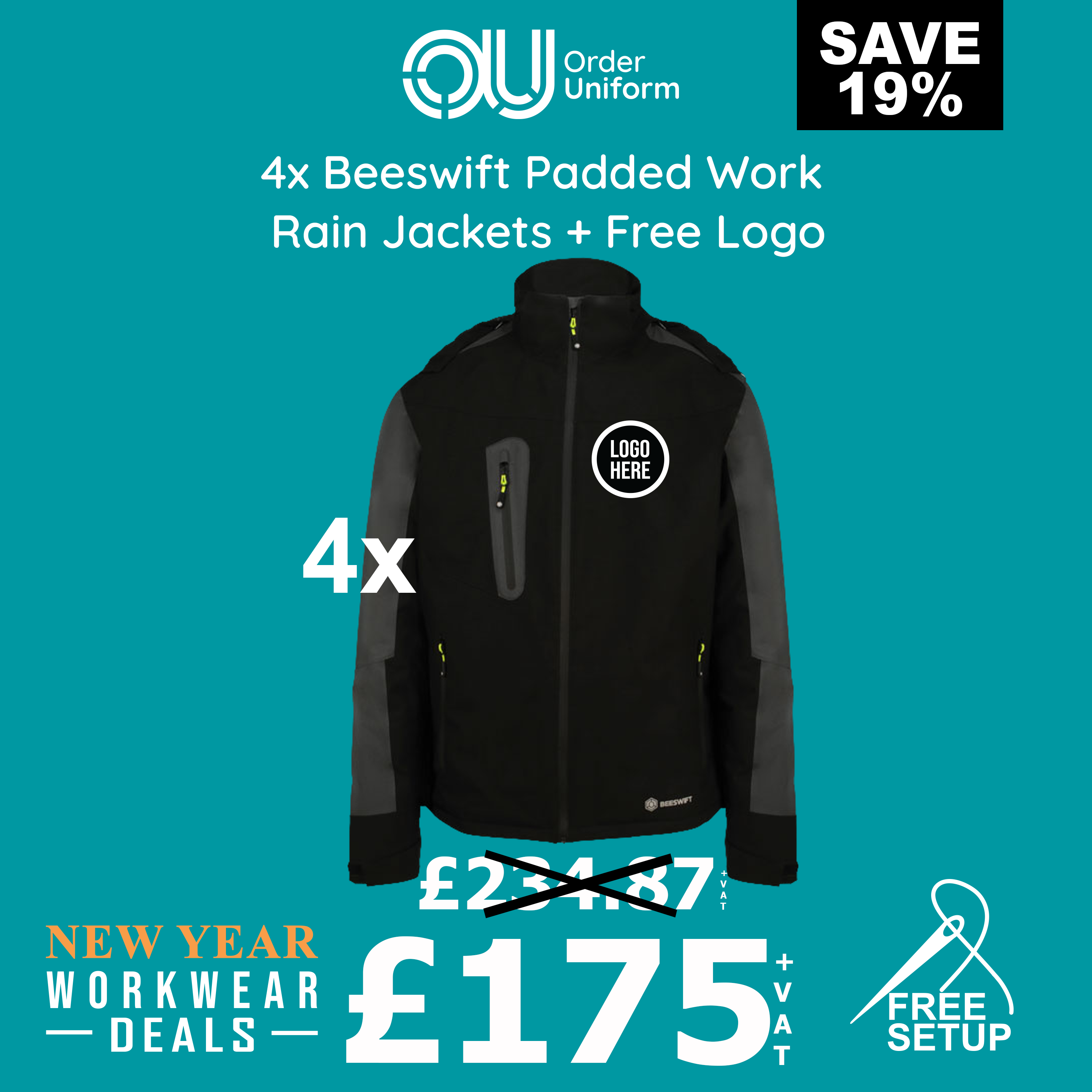 4x Beeswift Padded Work Rain Jacket + Free Logo | Order Uniform UK Ltd
