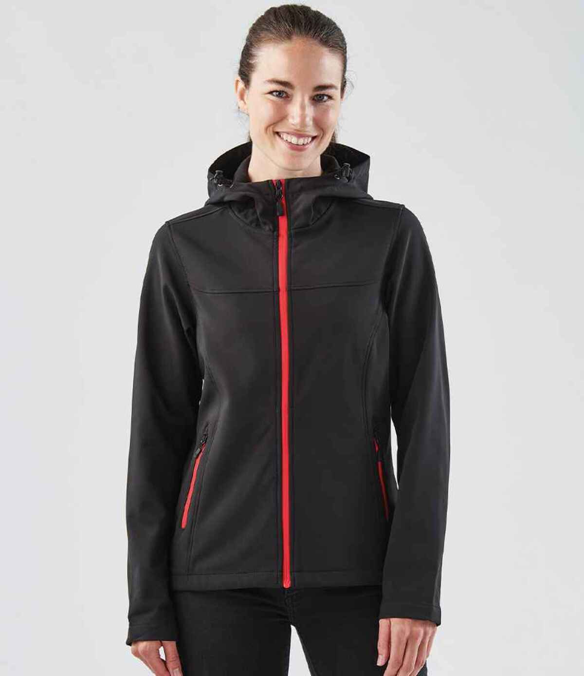 Stormtech Ladies Orbiter Hooded Soft Shell Jacket - Black/Bright Red